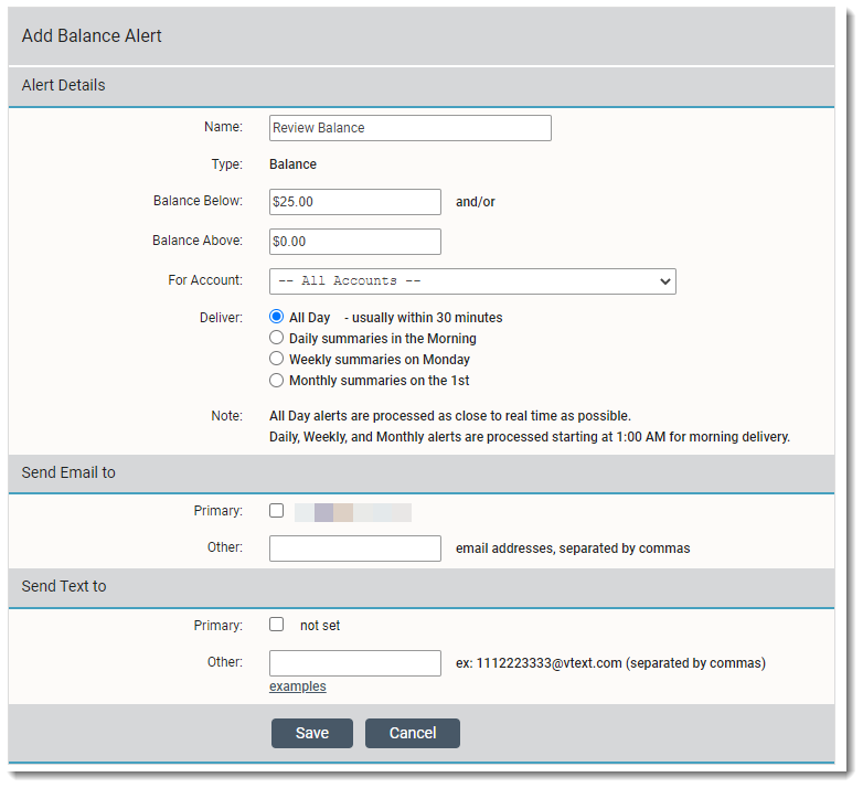 Customizable Text & Email Alerts in Online Banking